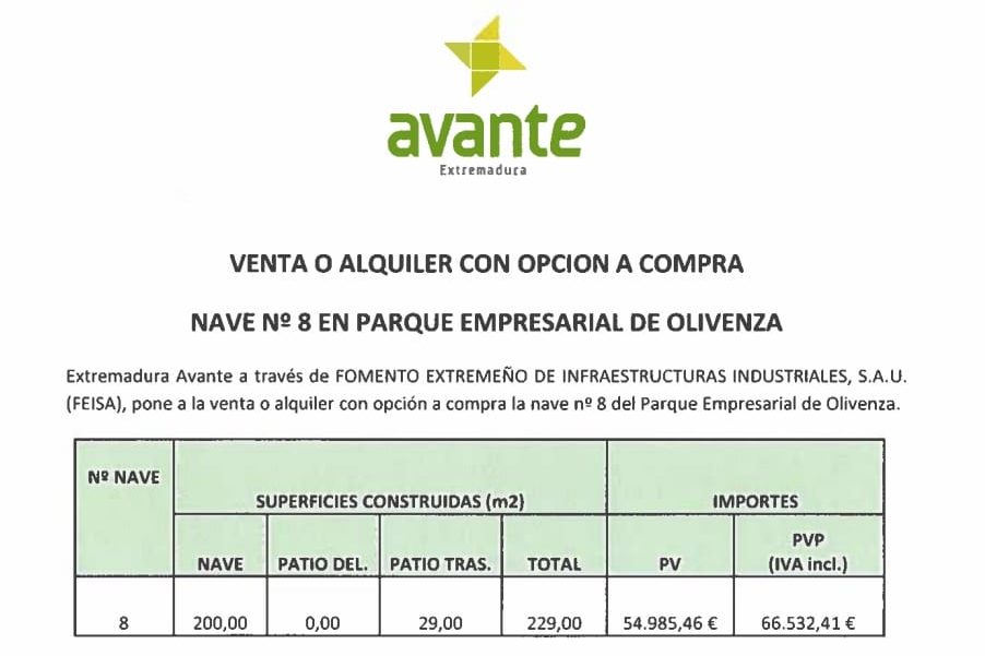 Extremadura Avante pone en venta o alquiler con opción a compra la nave ...